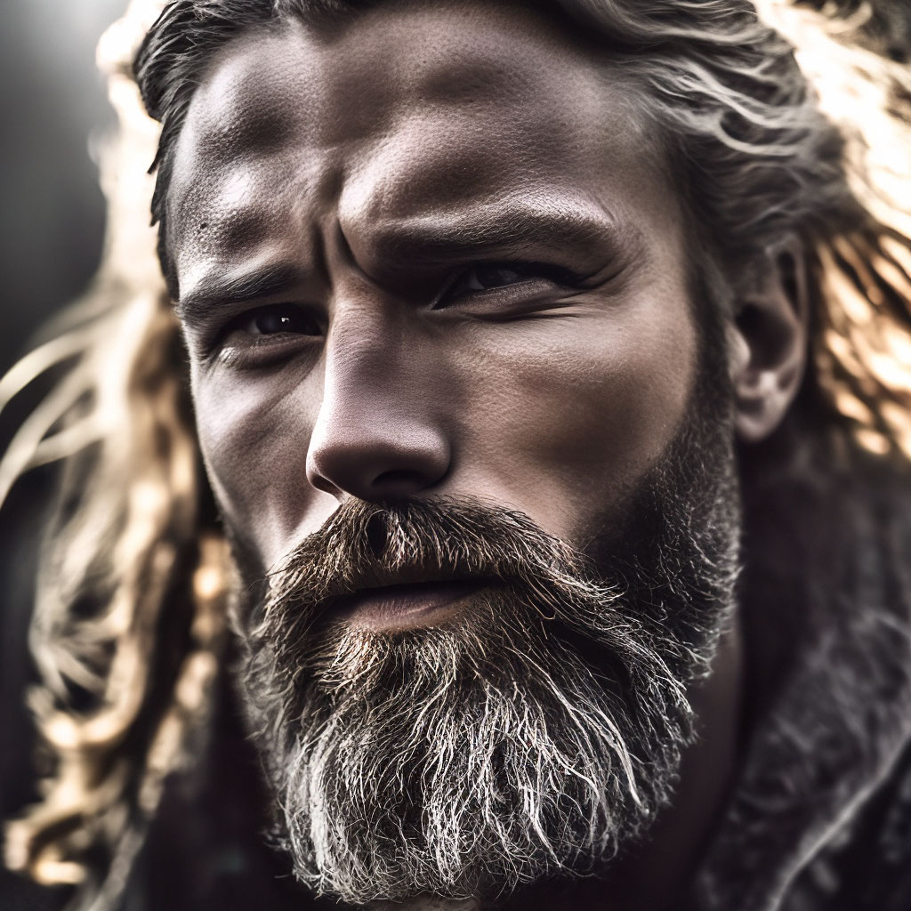 "Day, sinister atmosphere, close-up, beautiful and harsh, rough face ...