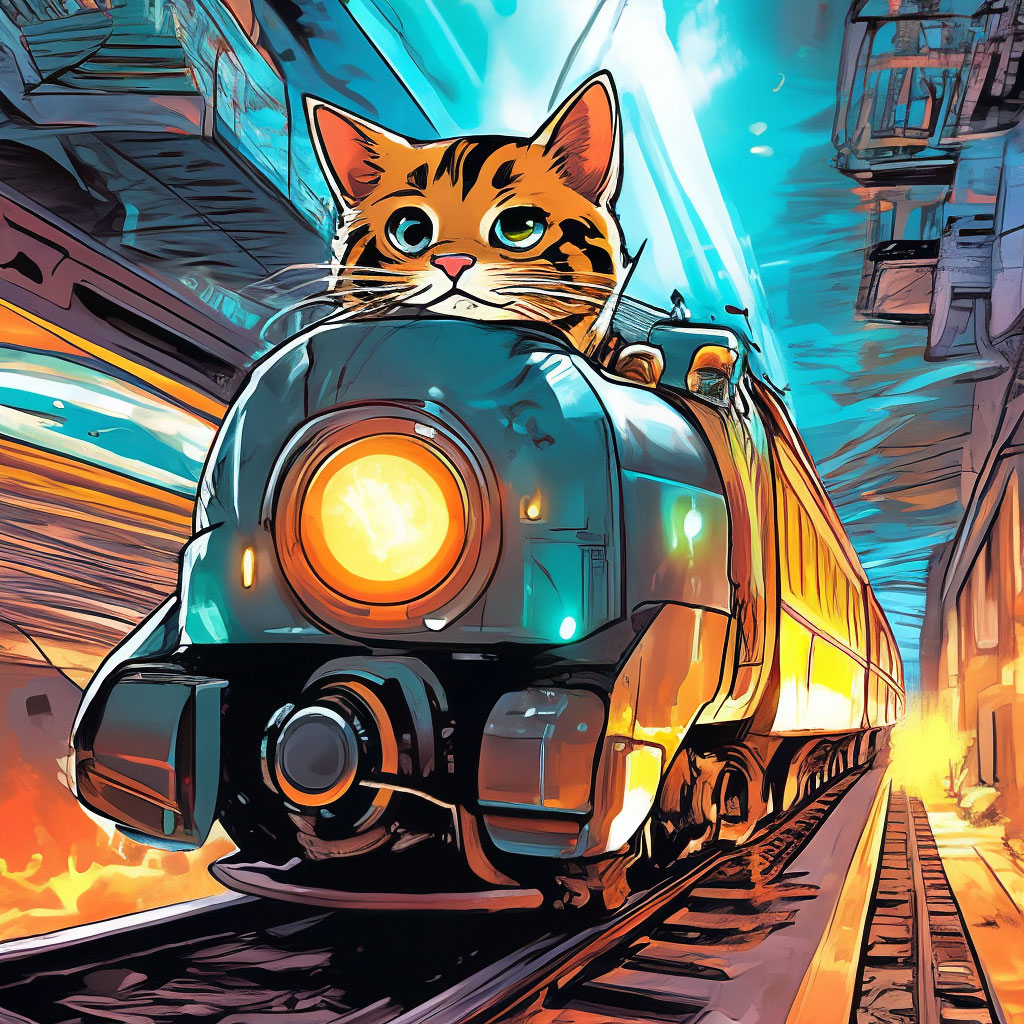 "The cat controls the locomotive at high speed" — image created in ...