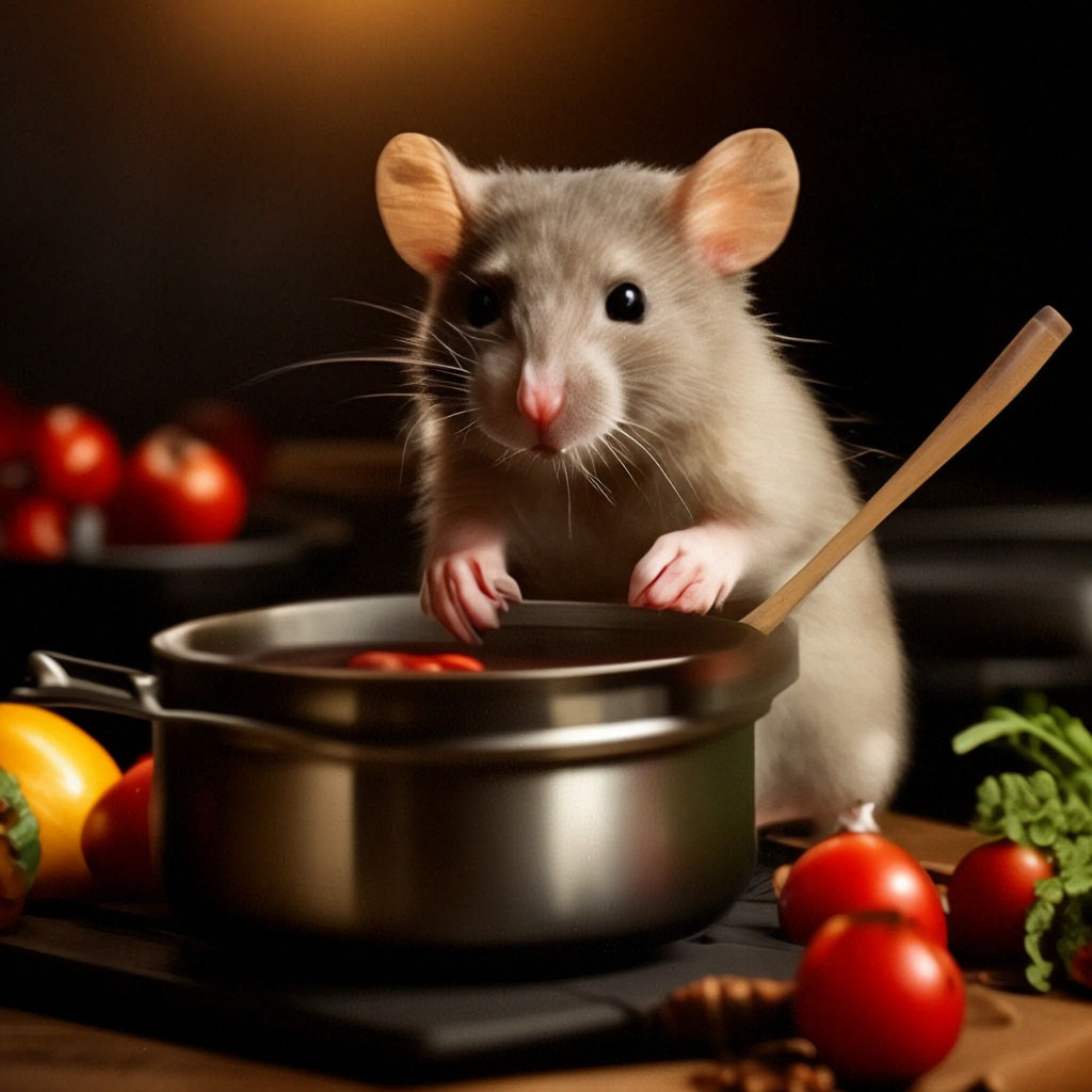 "A cute little rat cooks soup" — image created in Shedevrum