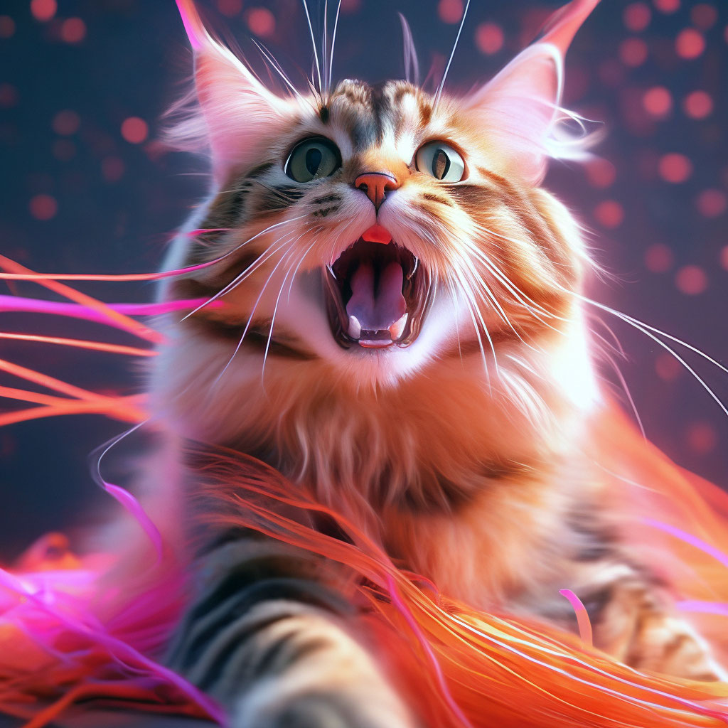 "🤍 Double exposure, beautiful furry cat stretches funny and meow loudly ...