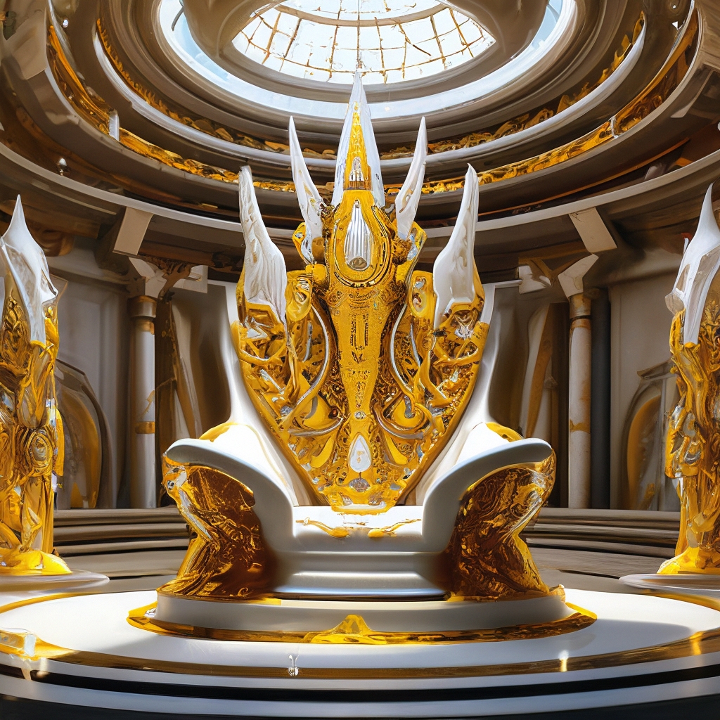 "Ceramics and amber, gold, white and brown color scheme, throne in the ...