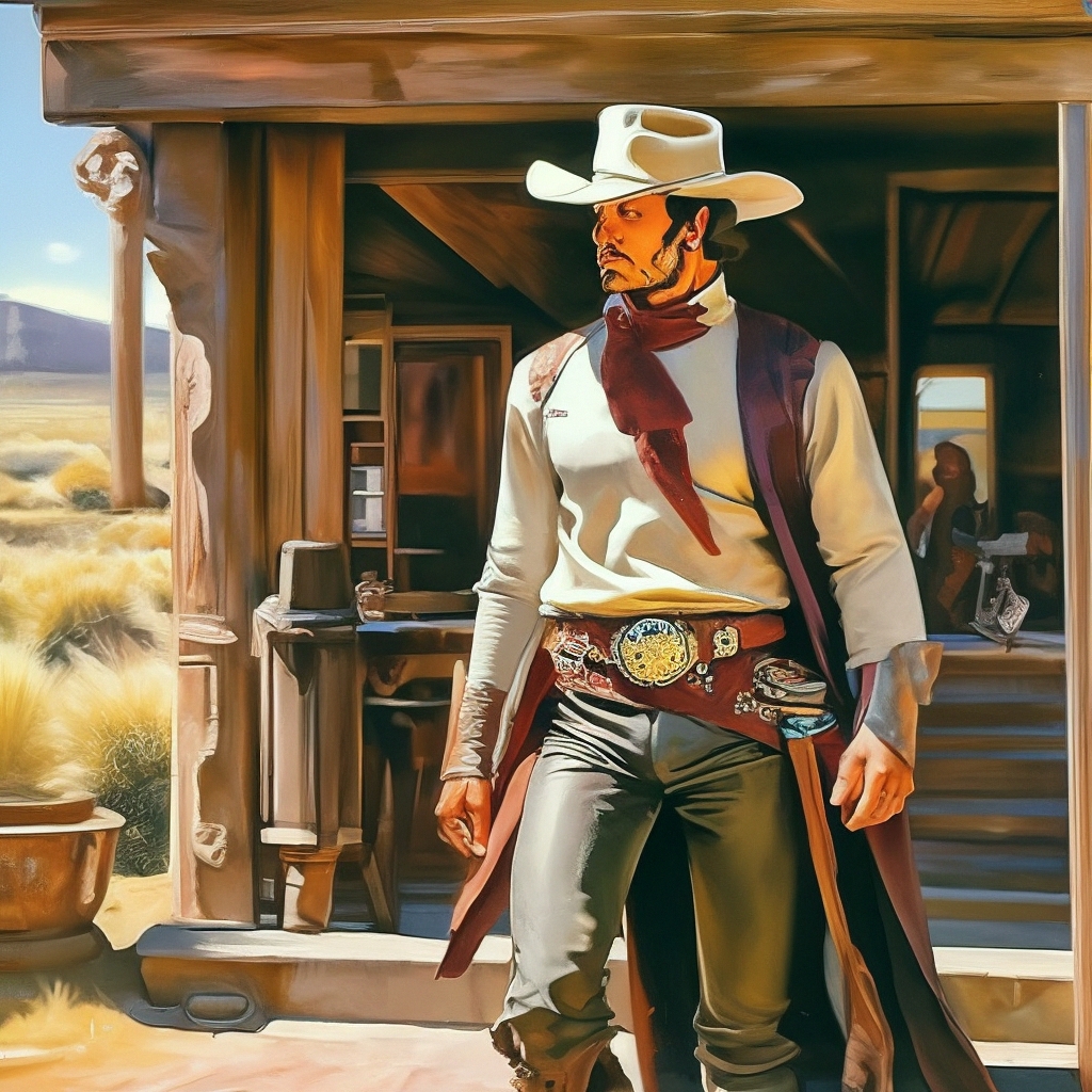 "Wild west, beautiful cowboy comes out of the saloon door, art book ...