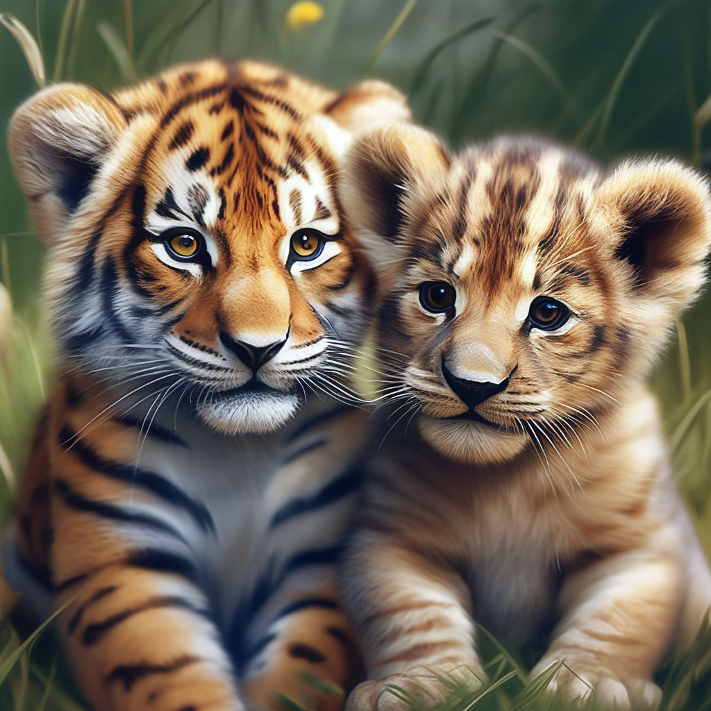 "The tiger cub and the lion cub are friends. realistic, high resolution ...