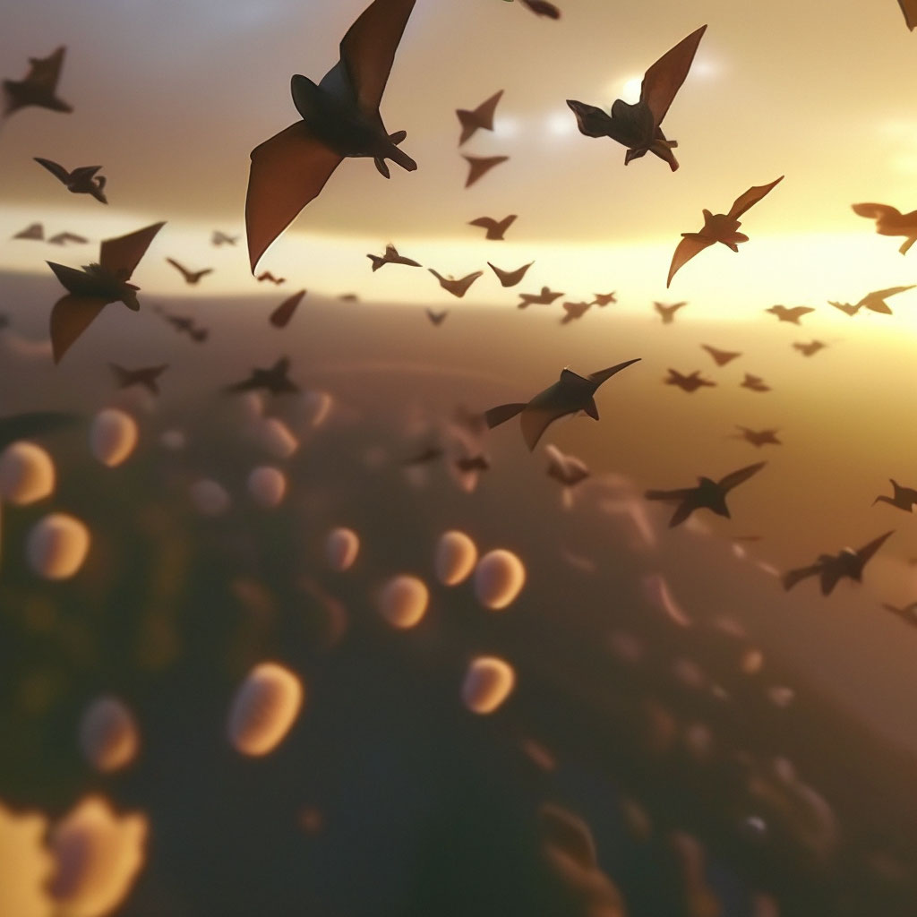 "A flock of small fluffy bats flying south, beautiful, high resolution ...