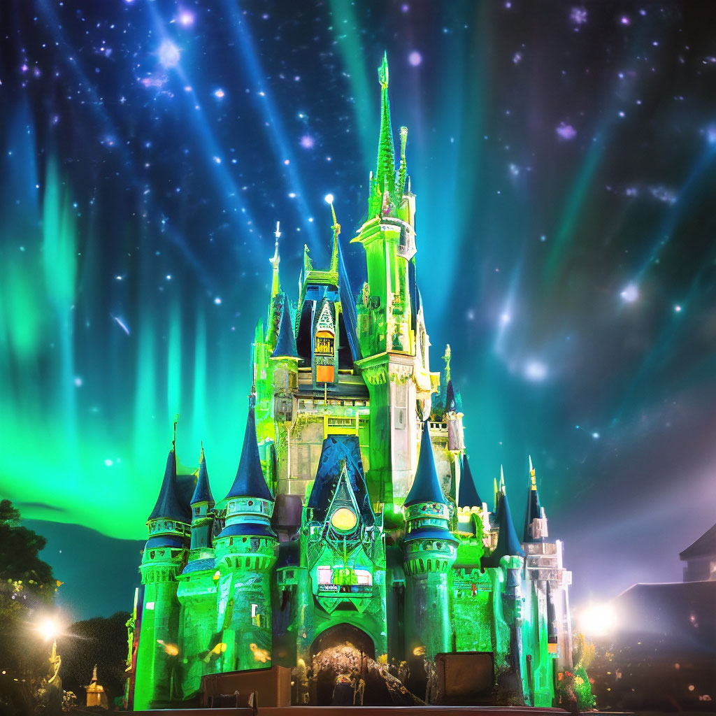 "Magical emerald castle, elegant, iridescent northern lights, stars ...