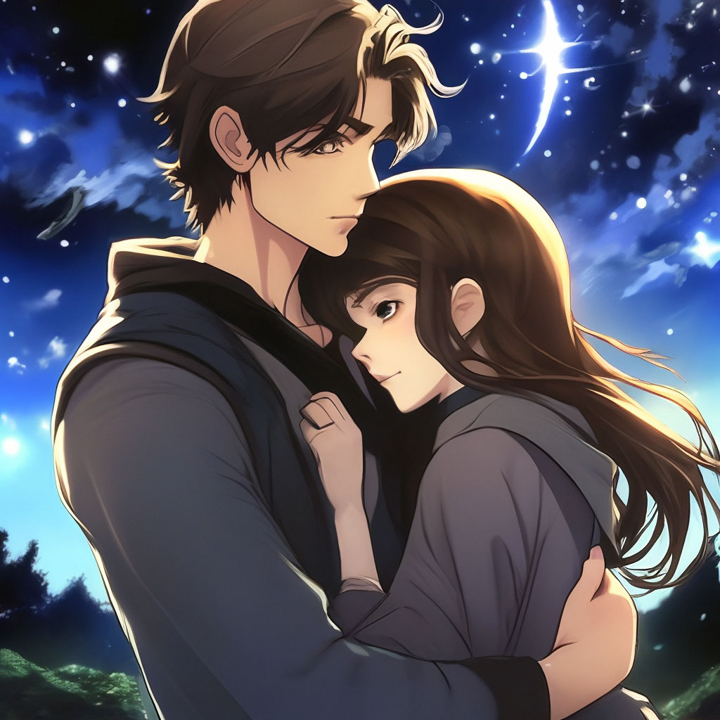 "Tall guy handsome, brown hair, gently hugs a girl with dark hair ...