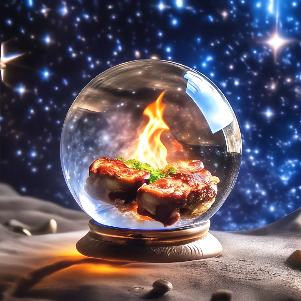 "Shawarma in a crystal ball high detail, temperature, fire, stars space ...