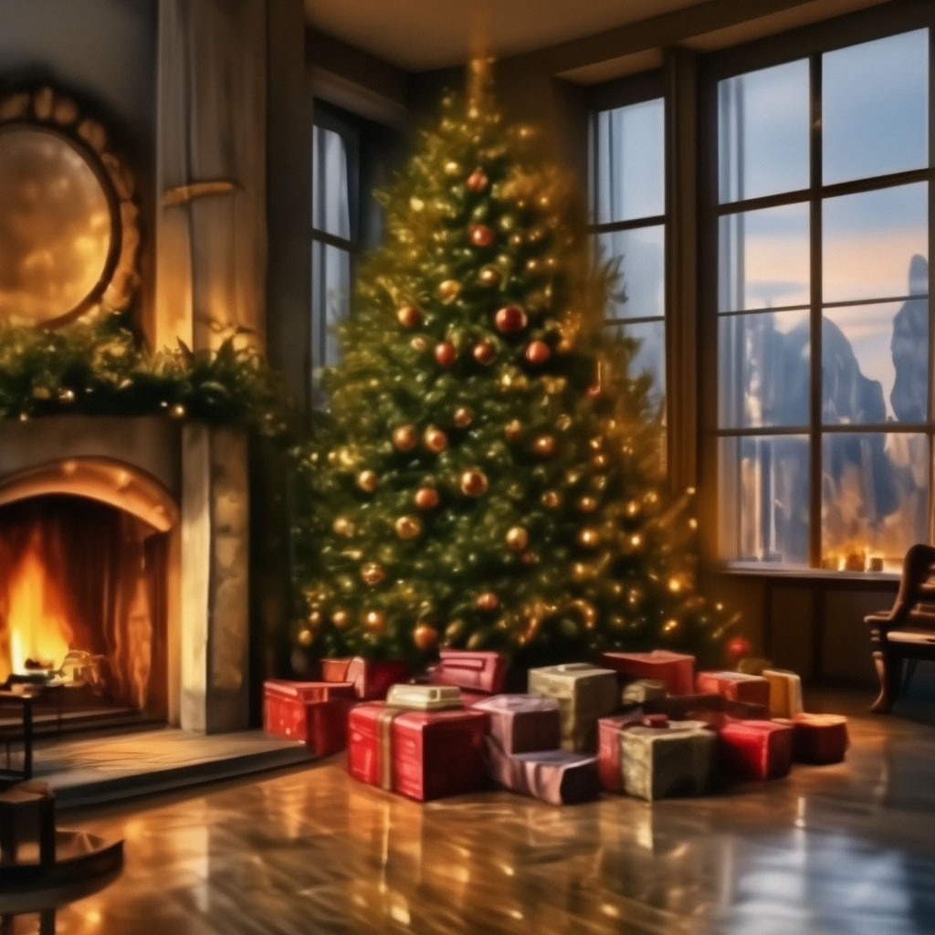"A large Christmas tree near the fireplace, gifts under the tree ...