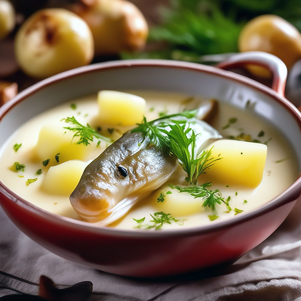 "Rich soup of pike fish soup with potatoes and onions" — image created ...