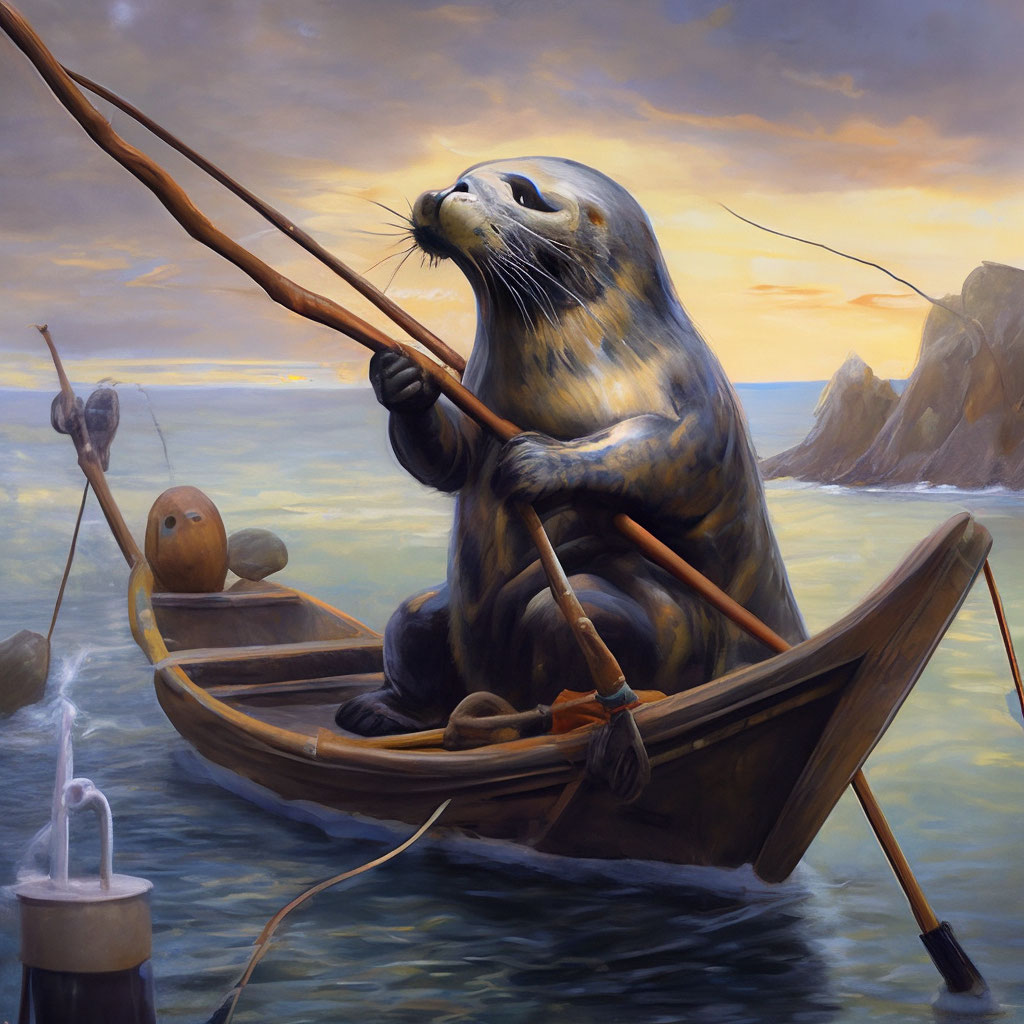 "Seal fishing with a fishing rod" — image created in Shedevrum
