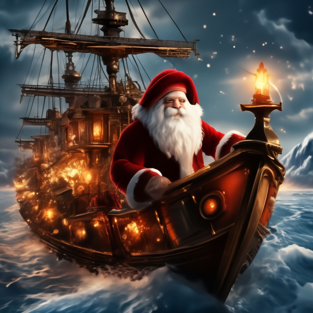 "New Year's ship with gifts and Santa Claus" — image created in Shedevrum