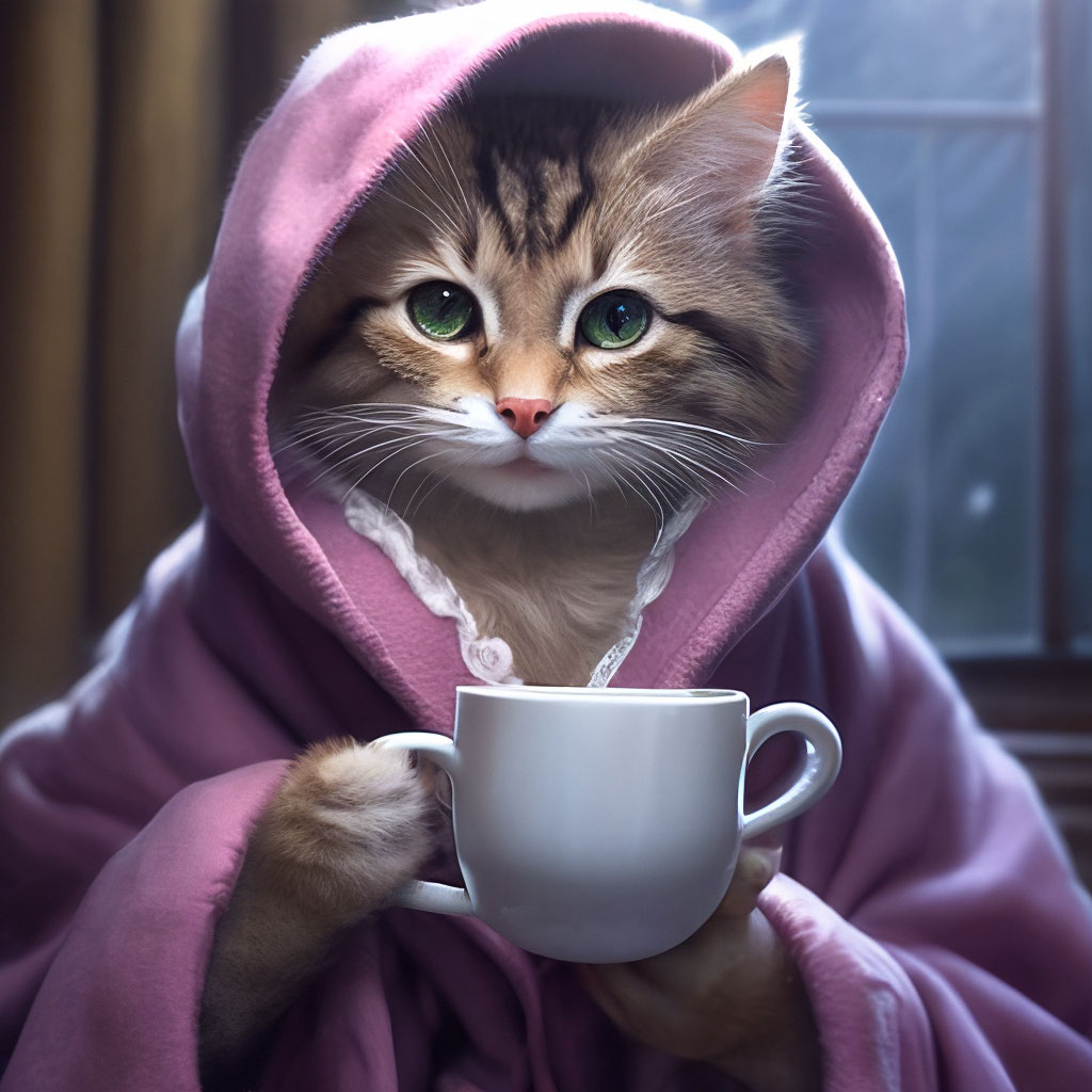 "Good morning, gorgeous, glamorous kitty in a bathrobe, holding coffee ...
