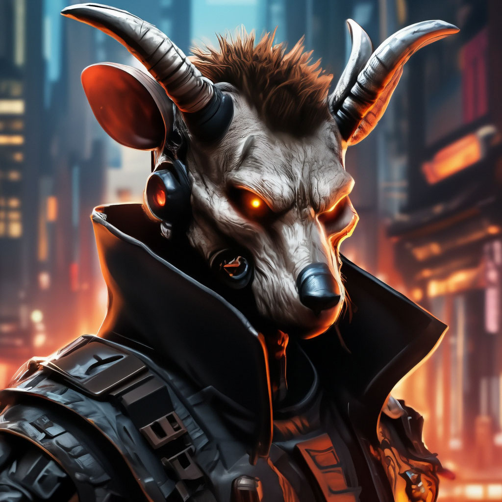 "Cyberpunk cartoon drawing humanoid with rat face horns raider" — image ...