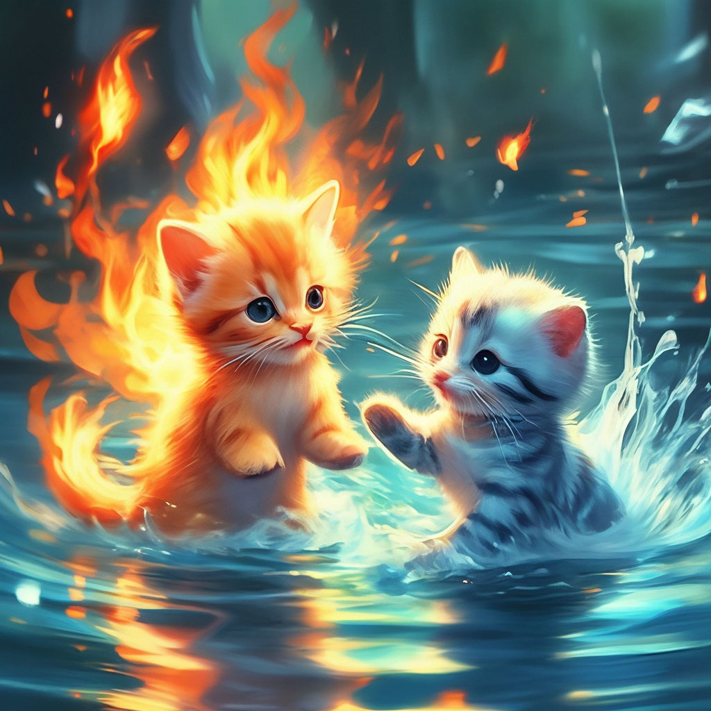 "Fire kitten playing with water kitten" — image created in Shedevrum