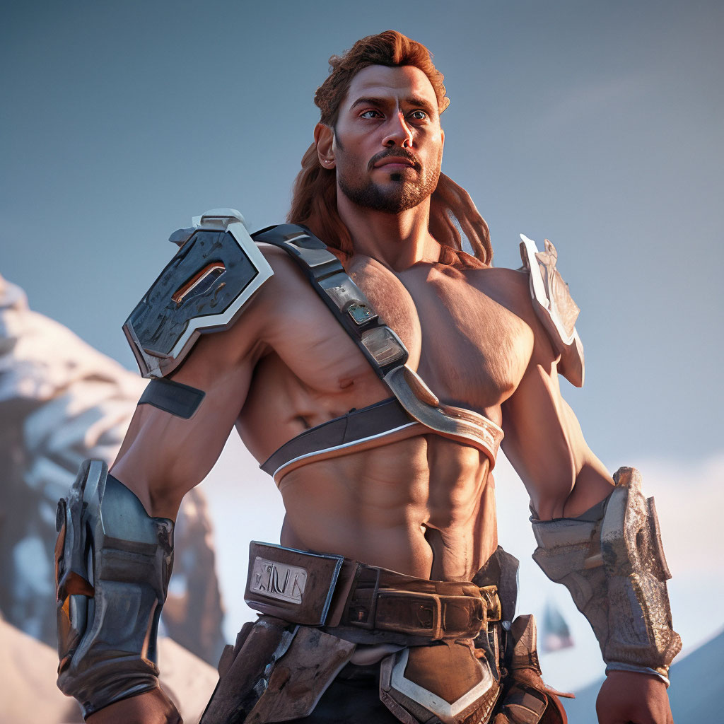 "Horizon Zero Dawn bodybuilder man in full height" — image created in ...