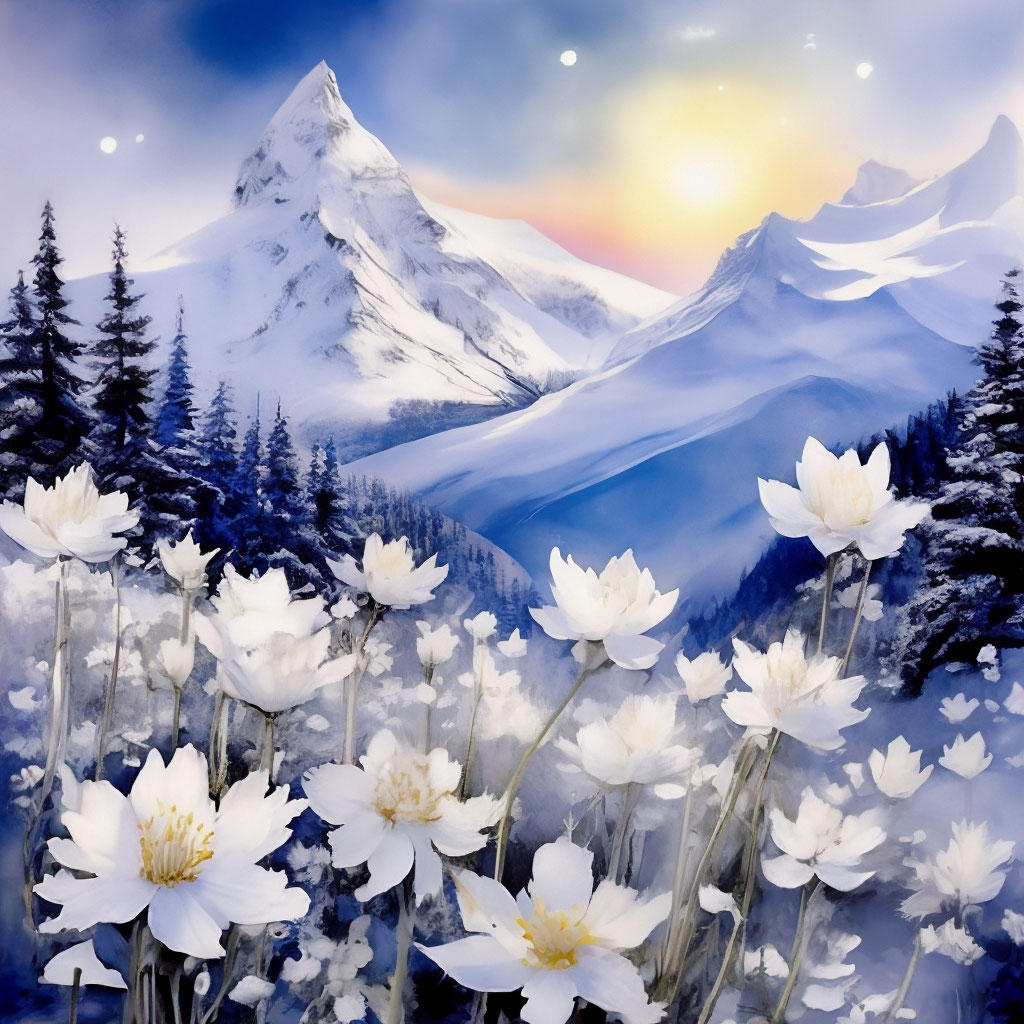 "Watercolor, beautiful snow-white flowers, fine drawing, on a snow ...