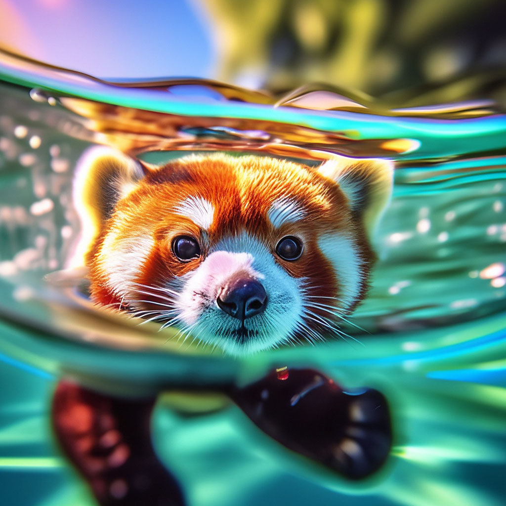 "Red panda swims in the water on his back, paws holding an inflatable ...