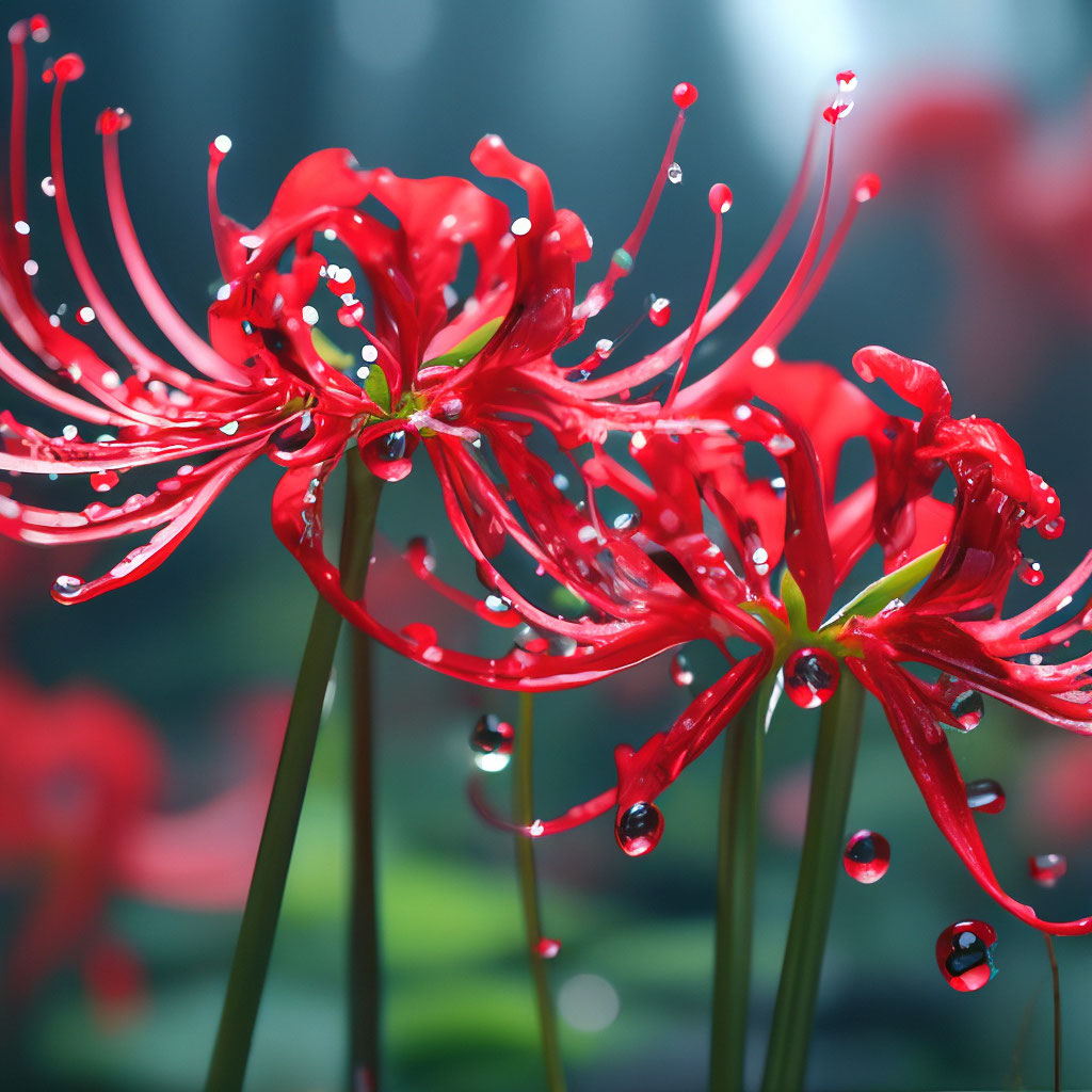 "Scarlet flowers of lycoris, from which drops of poison/toxin flow down ...
