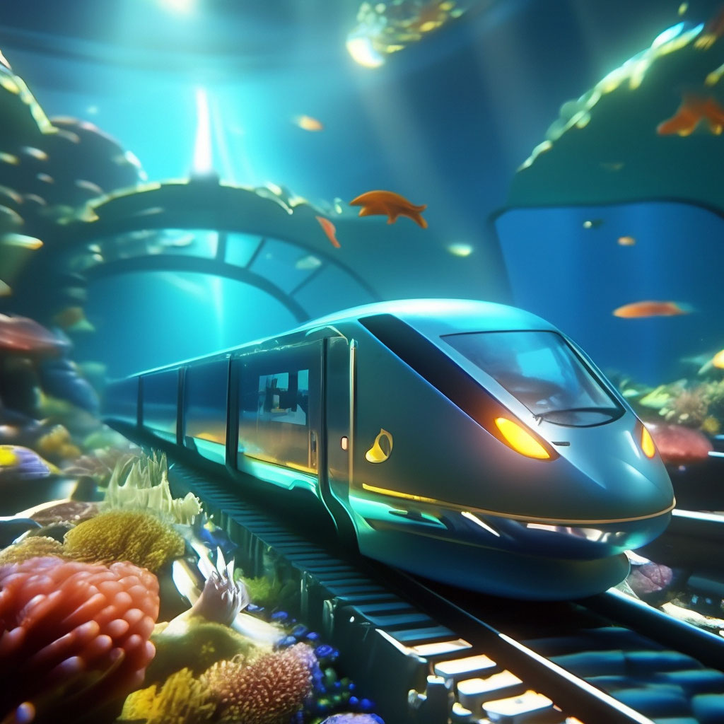 "Railway on the ocean floor.the train is glass.It glows, there are fish ...