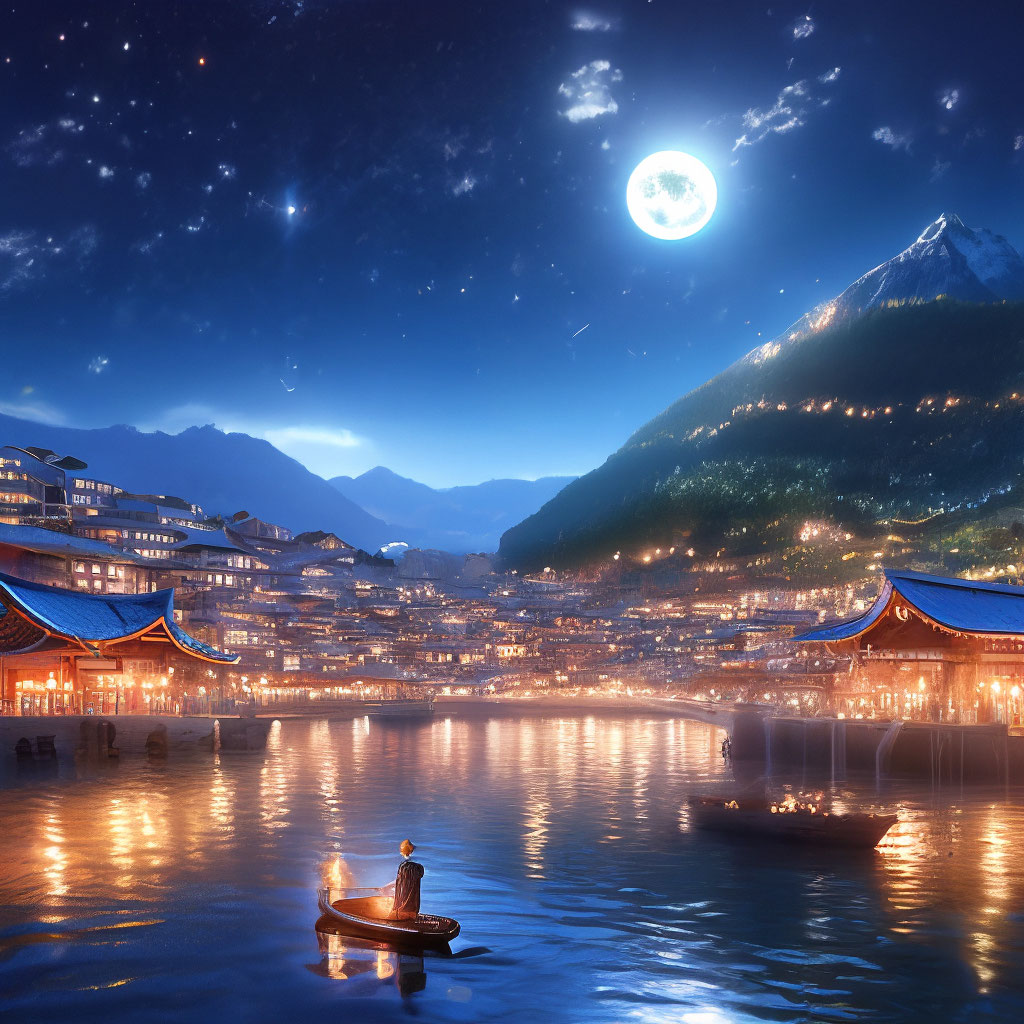 "Night harbor,bright moonlight,an unusual night city rises on the ...