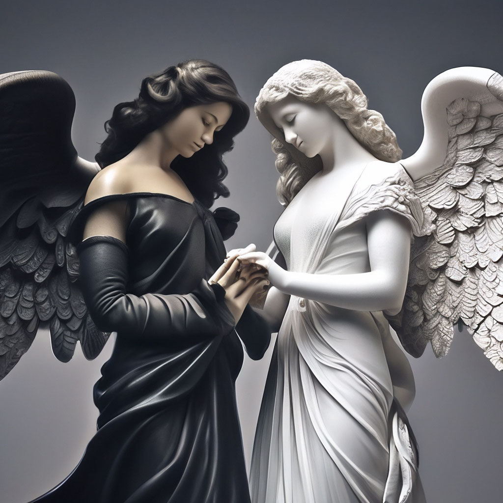 "Two angels,one white,the second black stand side by side,white holds ...