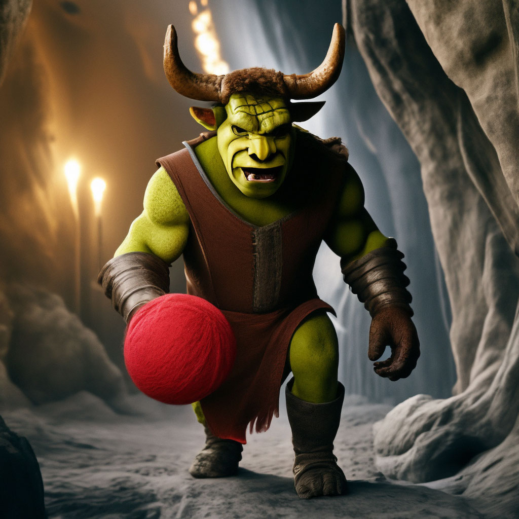 "The minotaur walks through the cave maze with a red ball of thread in ...