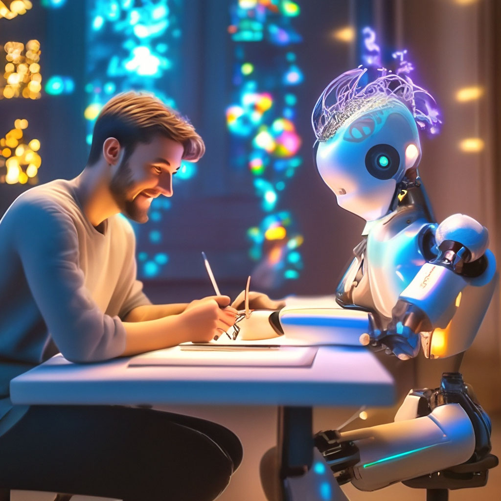 "A charming humanoid robot with hair made of glowing wires and a man ...