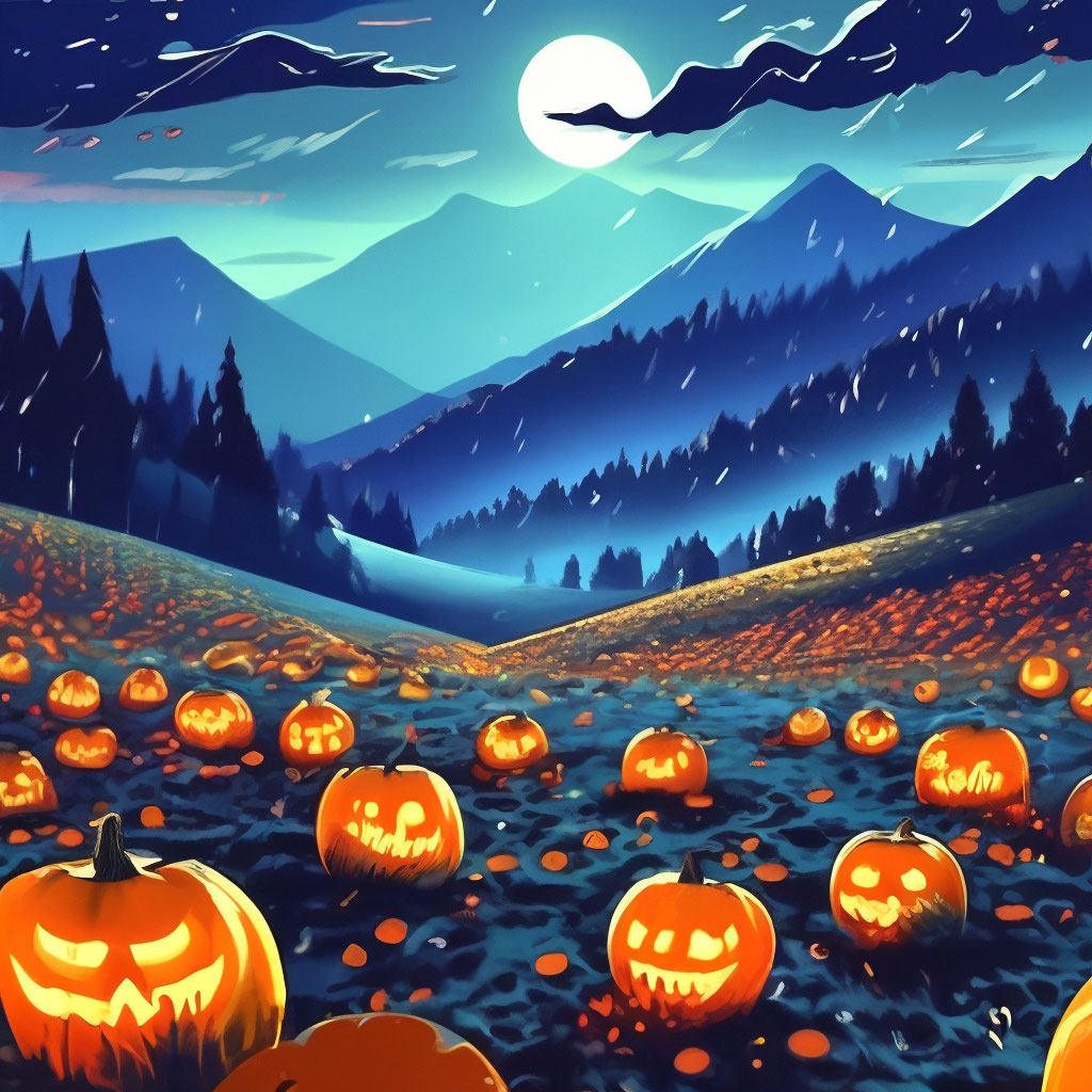 "Horror Pumpkin field in the mountains, mystical night, rain, autumn ...
