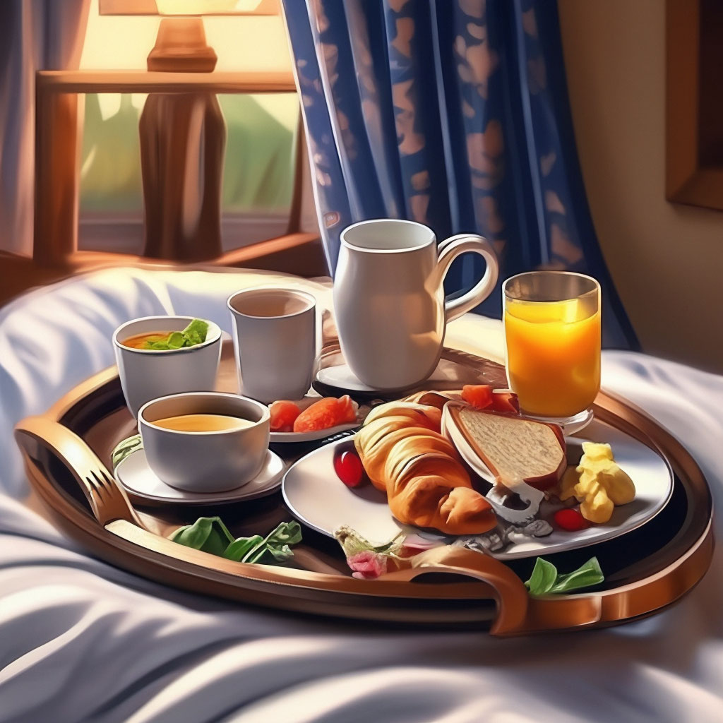 "Delicious breakfast in bed on a tray, digital painting, detailing ...