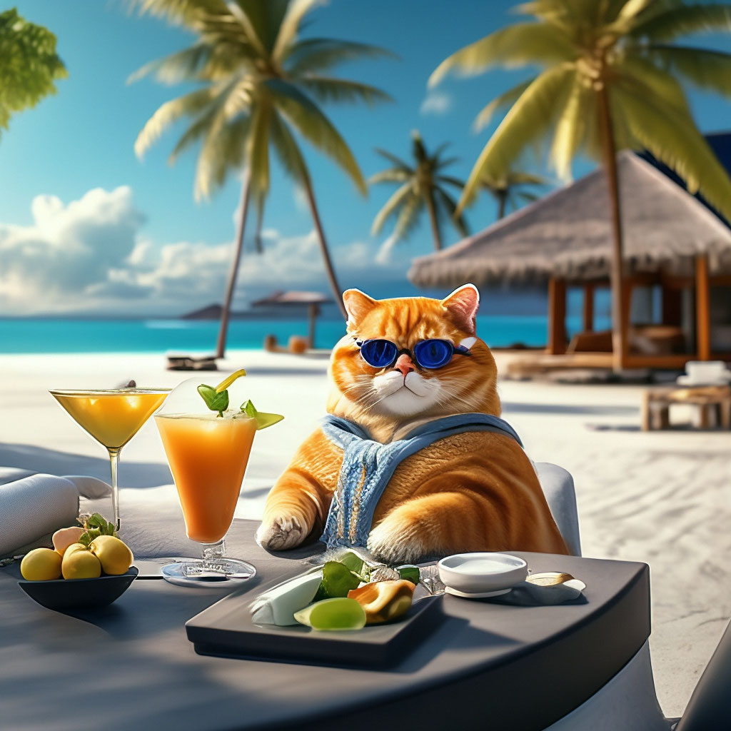 "Maldives, evening, ginger, fat cat with glasses sitting on the beach ...