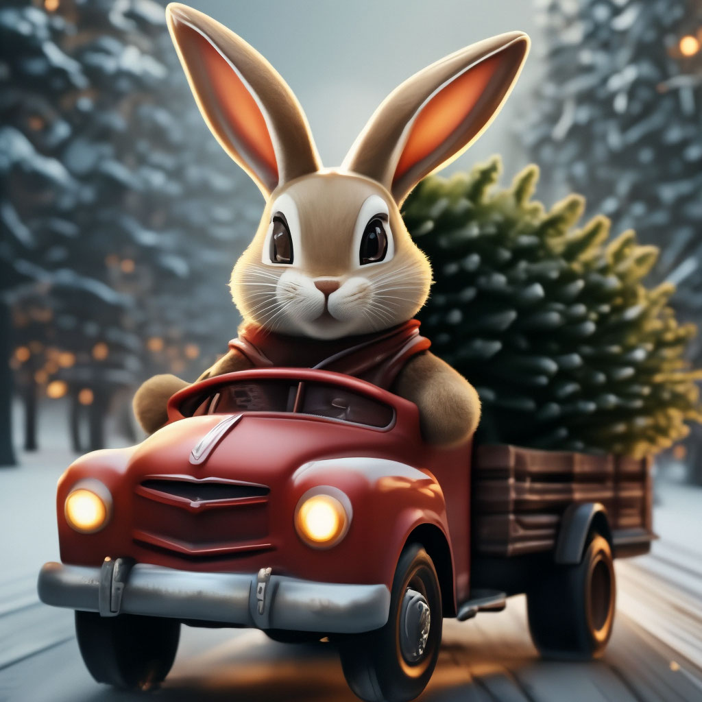 "A cute rabbit driving a truck is taking a Christmas tree home" — image ...