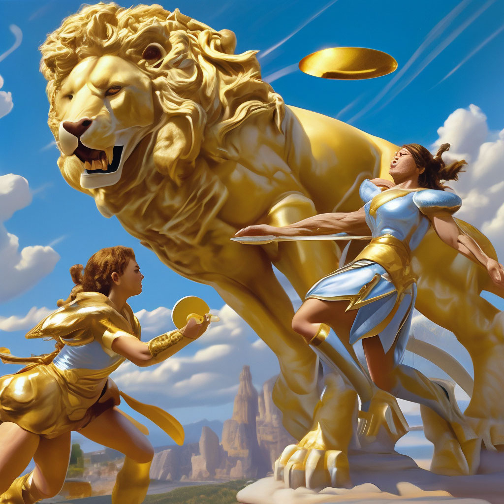 "Apollo and hyacinth throw a disc the golden lion catches it atompunk ...