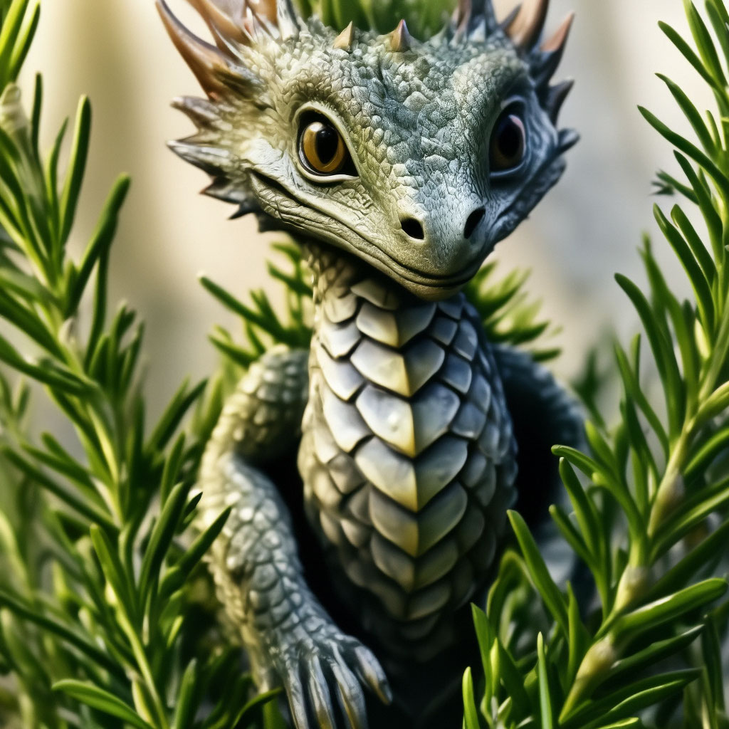 "Detailed drawing, cute mini rosemary dragon, with rosemary twigs ...