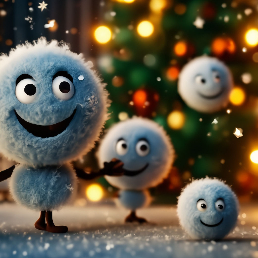 "New Year's Fantasy funny snowflakes with eyes and smiles fly dancing over a decorated fluffy ...