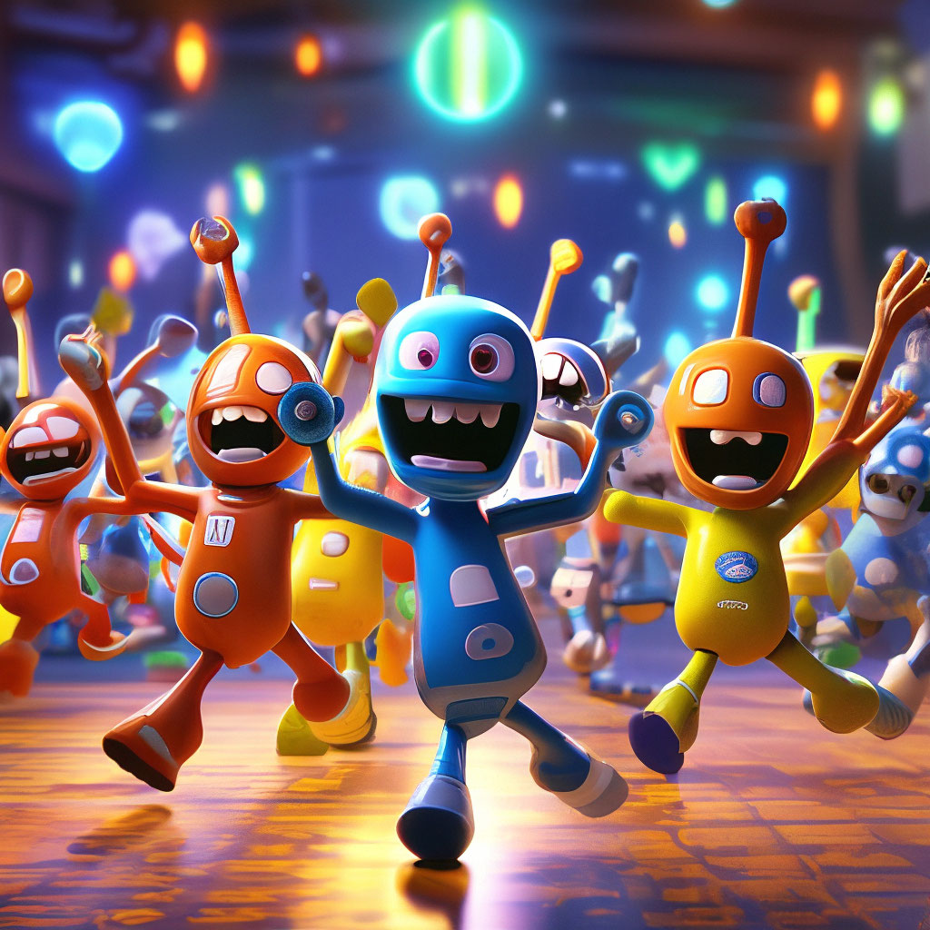 "Funny humanoids dancing boogie-woogie, 64k, fun, bright, funny, pixar ...
