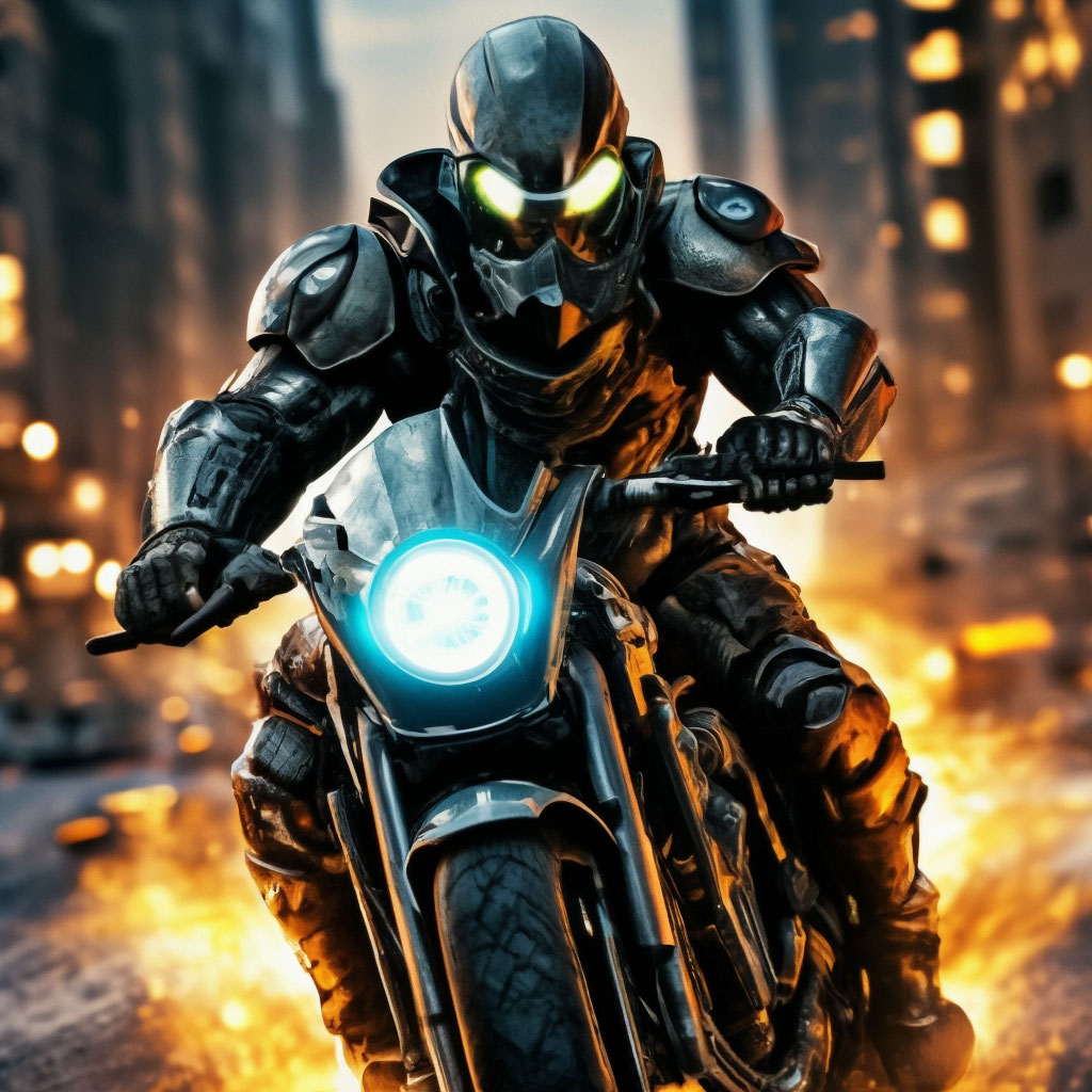 "Knight on a motorcycle with an atomic engine, asphalt hero, blue ...