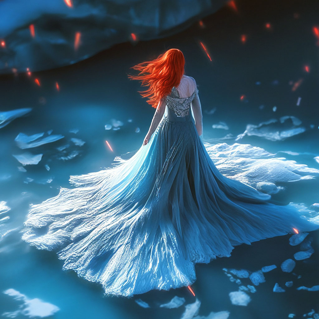 "View from above.an amorphous girl stands on a crystal, dark blue ice ...