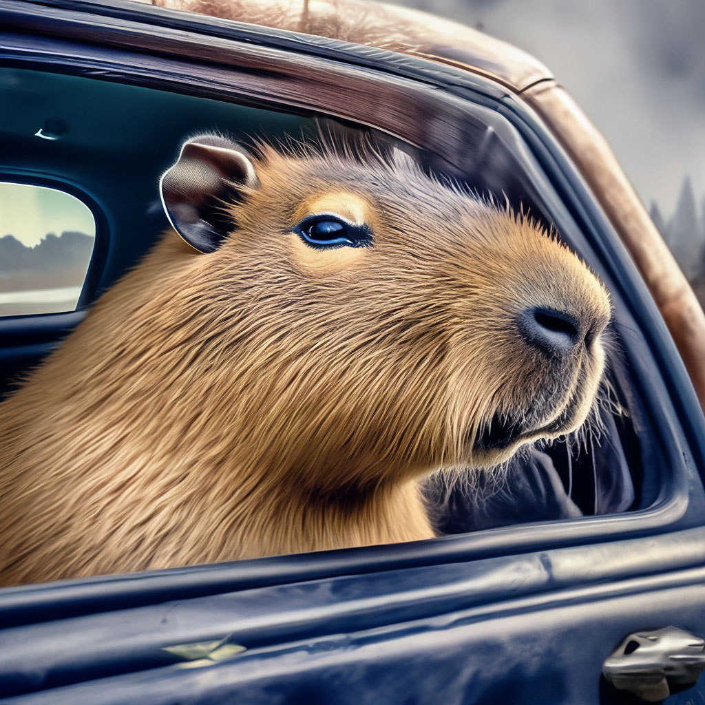 "Capybara in the car" — image created in Shedevrum