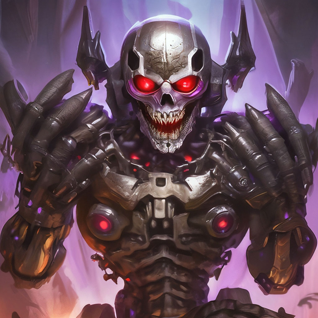 "A black-purple-brown skeleton demon robot executioner with a wide ...