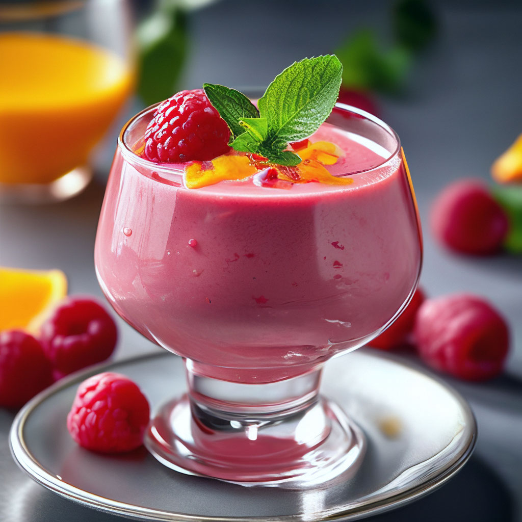 "Raspberry soup smoothie with orange juice Dessert,on a plate,Red,drops ...