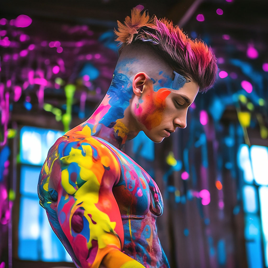 "Bodyart, a young, handsome, playful, thin guy, stained with paints, an ...