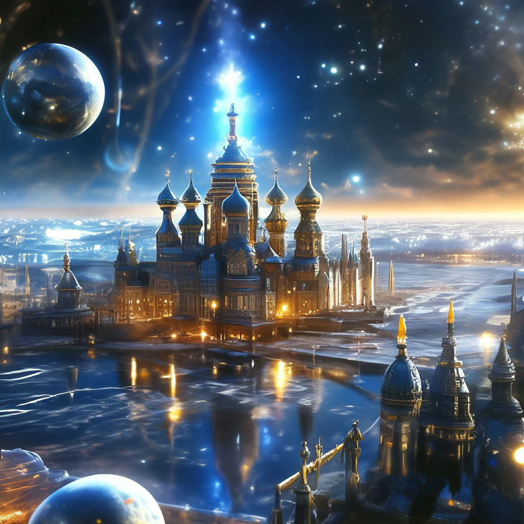 "Epic Russia with space, stars, galaxies, clouds, planets, sea glowing ...