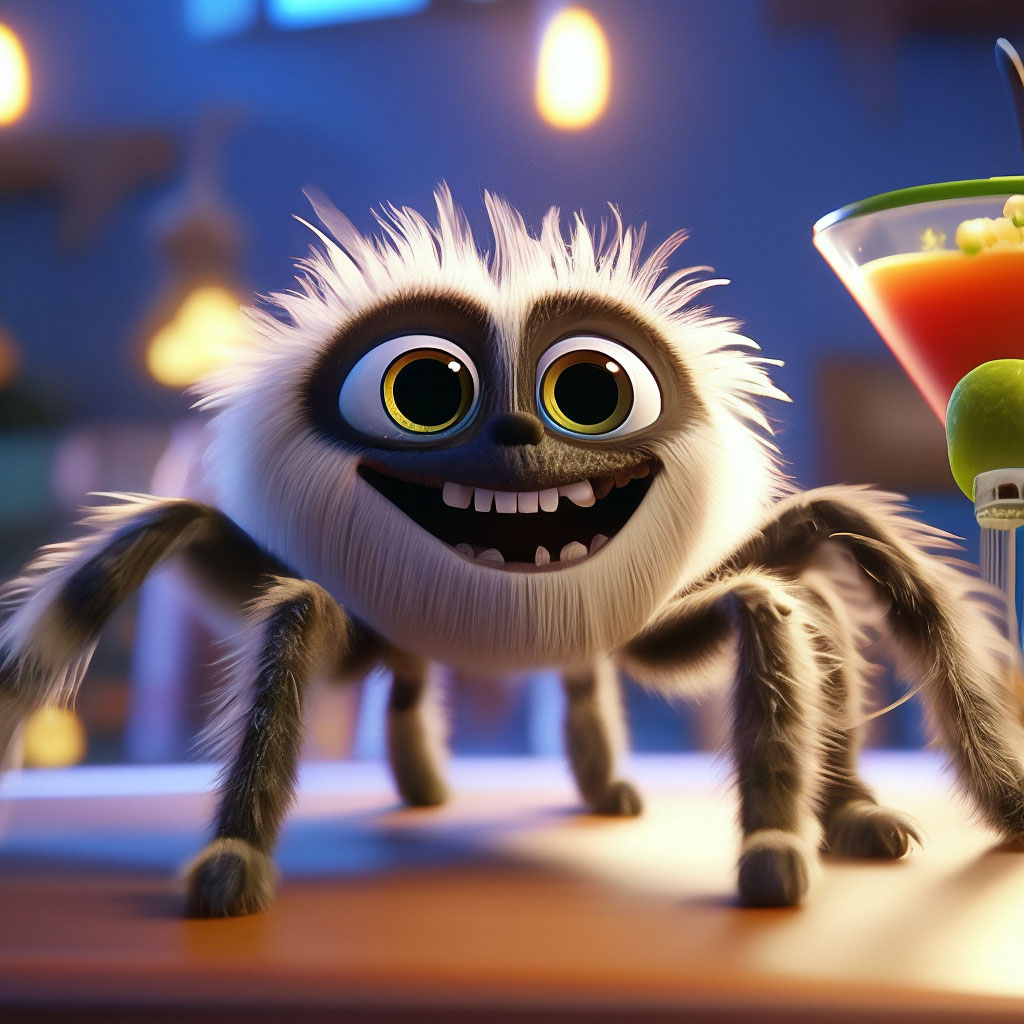 "Happy pixar 3d anthropomorphic tarantula, shaggy, disheveled, holding ...