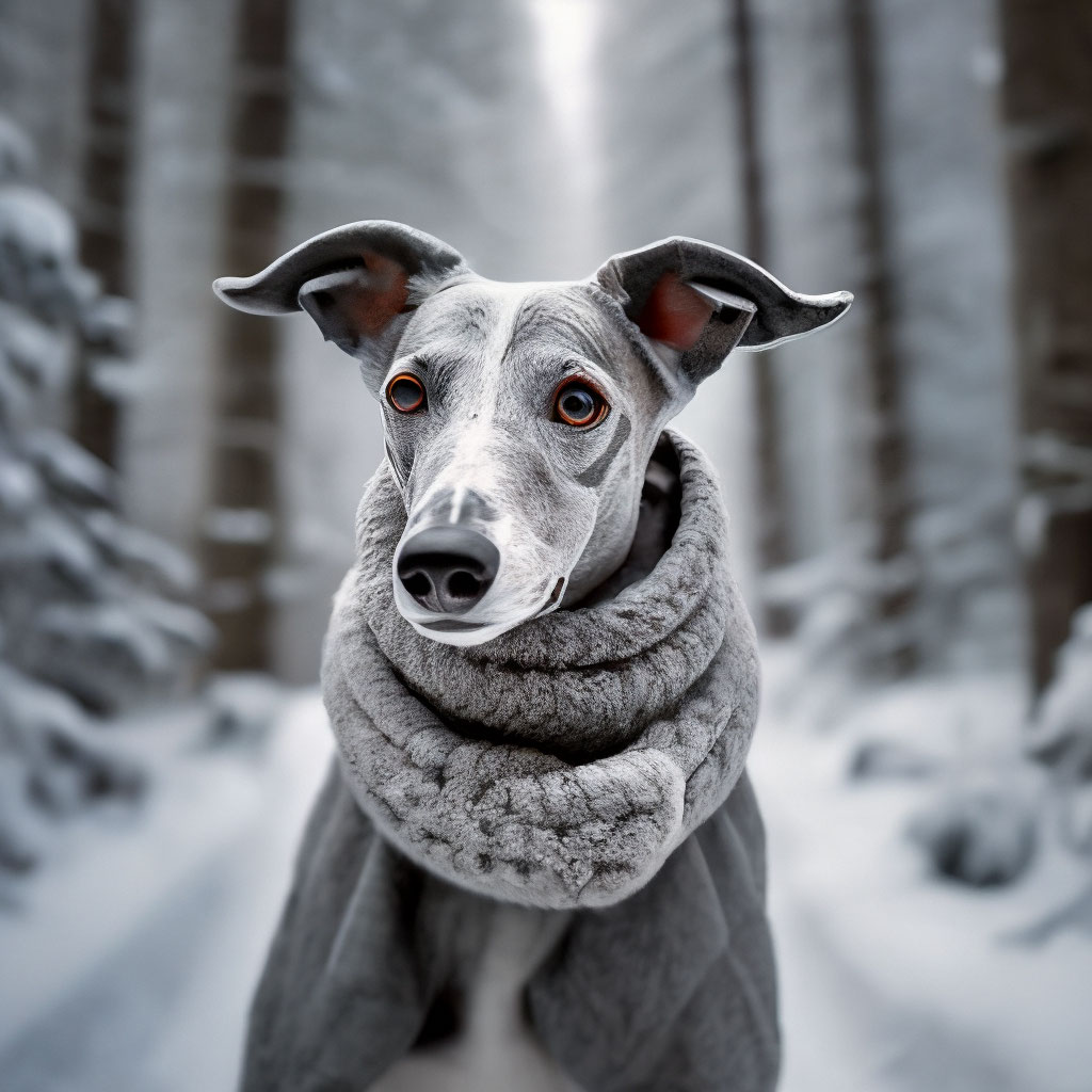 "Dog:a greyhound with a white scarf in the winter forest. realistic ...