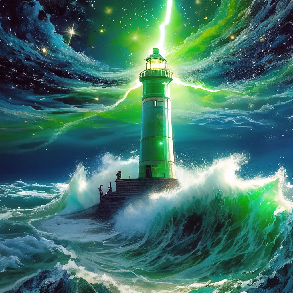 "Lighthouse, ocean, waves, thunderstorm, lightning, storm, space, stars ...