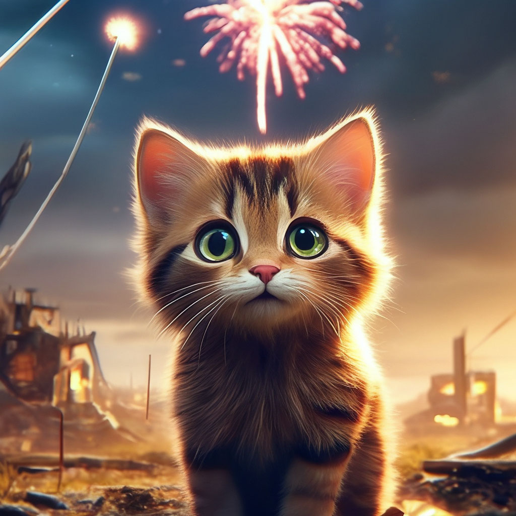 "A cute cat with big eyes looks at fireworks" — image created in Shedevrum