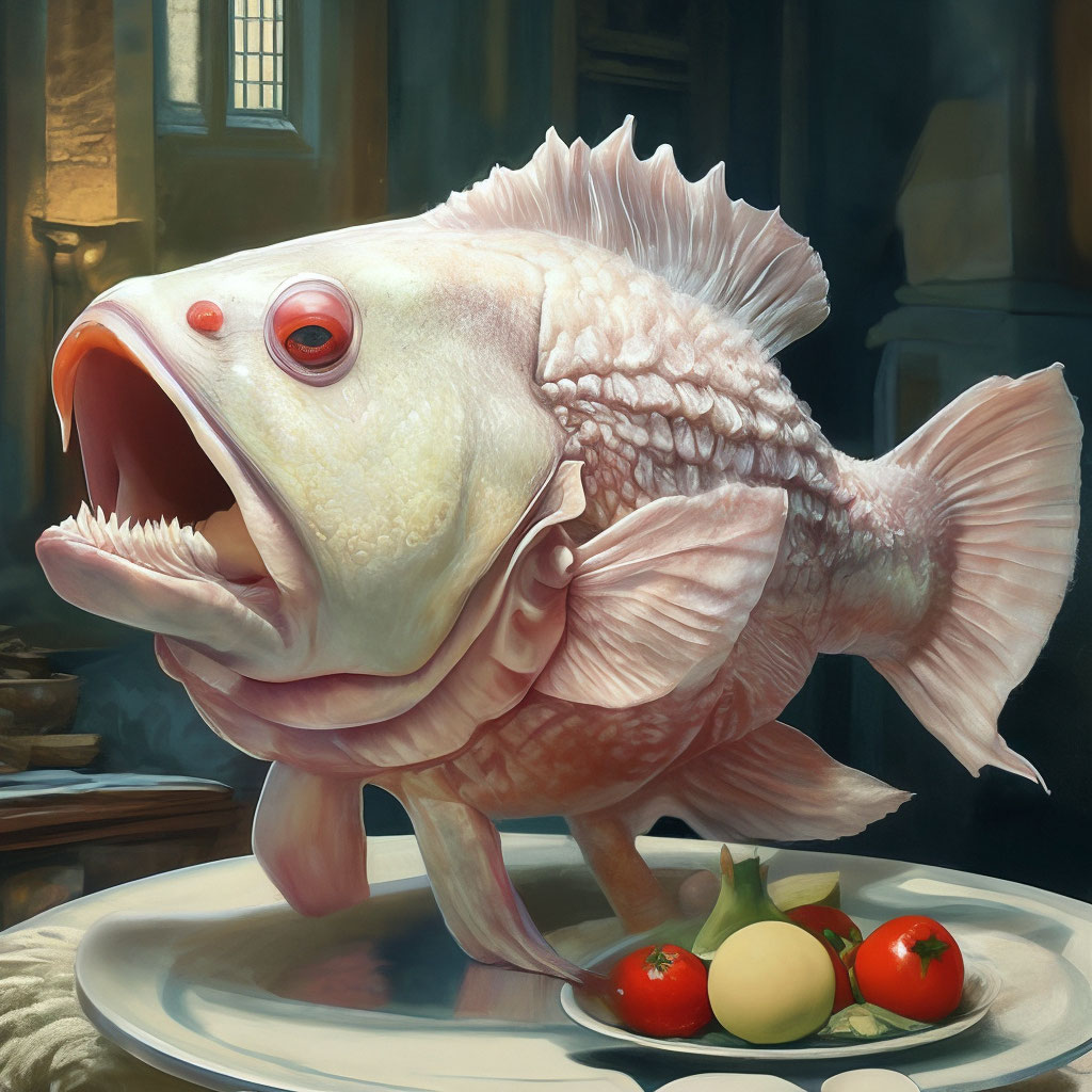 "What a disgusting thing this aspic fish of yours is!" — image created ...