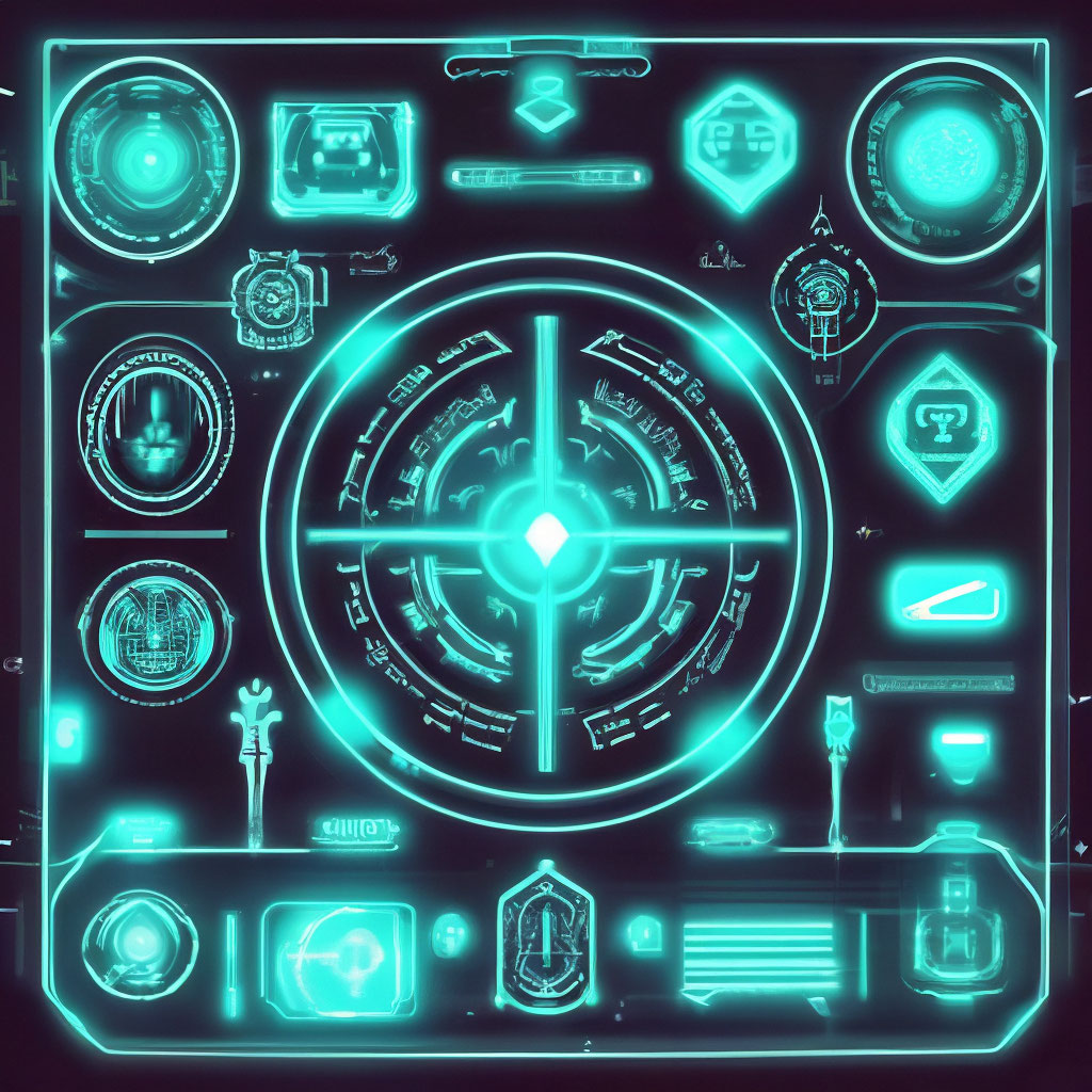 "Incredible neon turquoise programming interface, runes symbols signs ...
