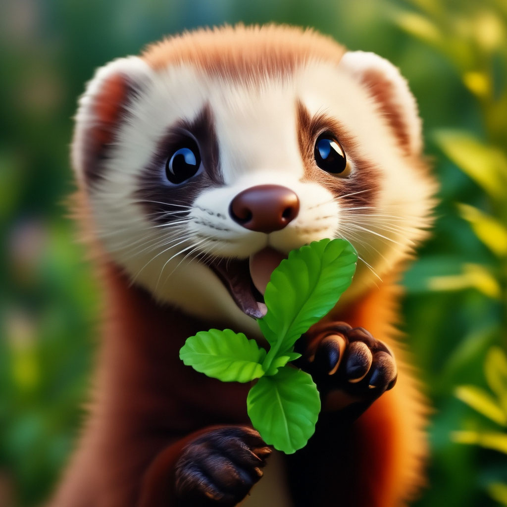 "Smiling, big-eyed, fluffy ferret with reddish fur holds a sprig of ...