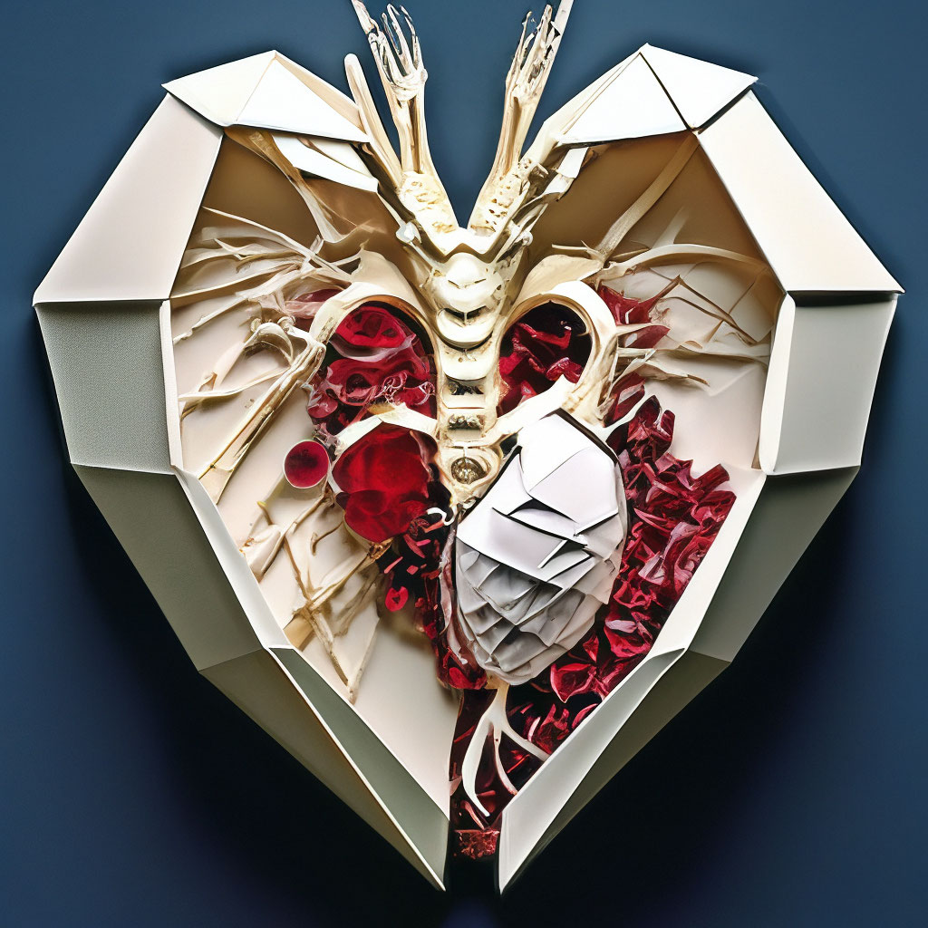 "Origami, paper anatomical ruby heart, ivory inserts, light diffusion ...
